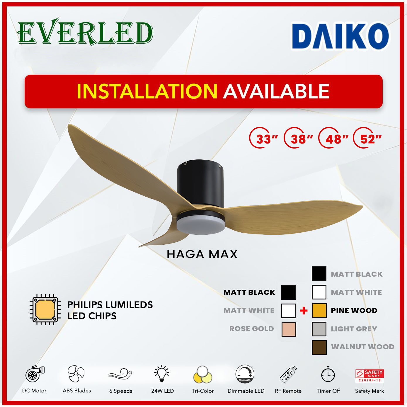 *FREE INSTALLATION* Daiko DC Haga Max 33"/38"/48"/52" with Tri-color L ...