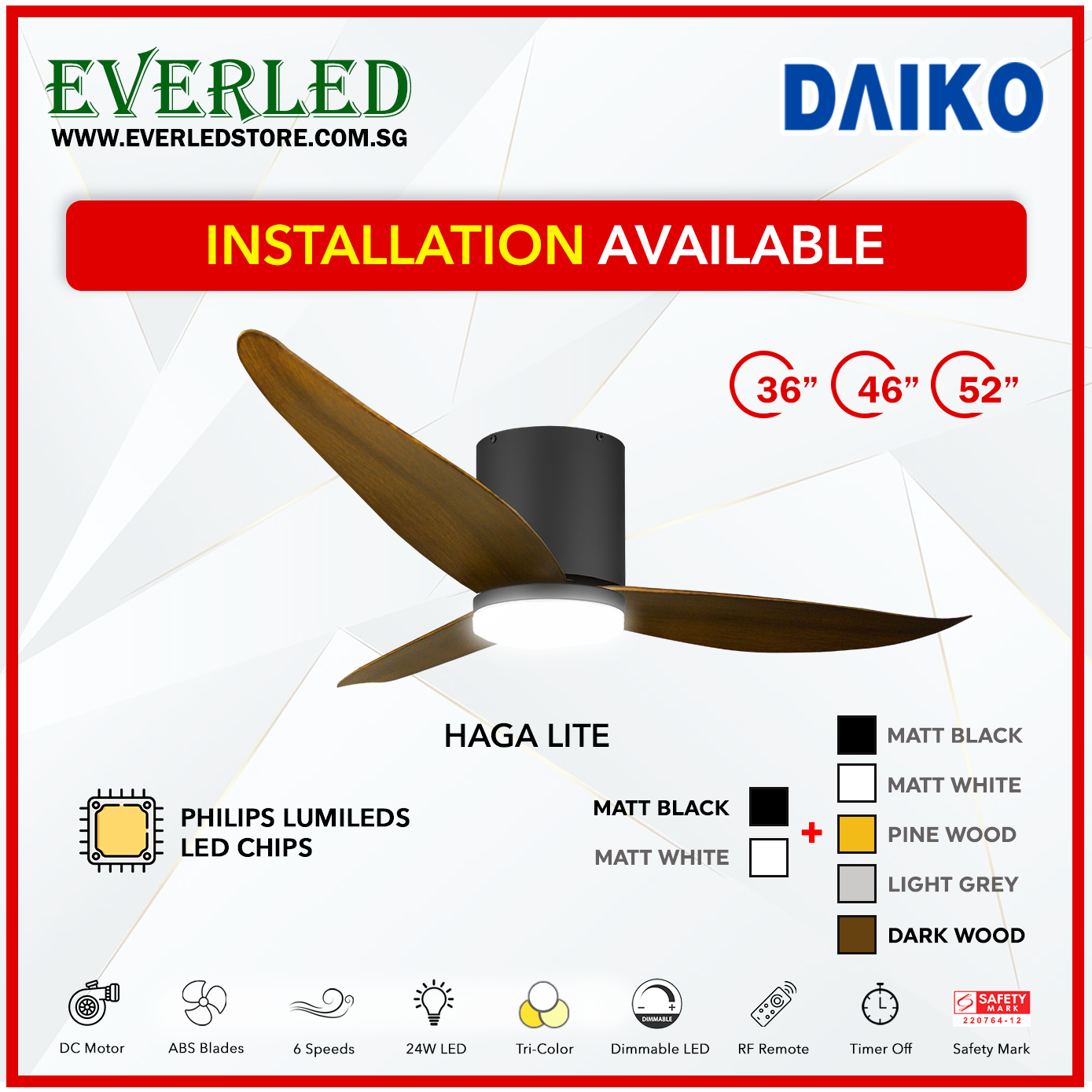 *FREE INSTALLATION* Daiko DC Shinji 36"/46"/52" with Tri-color LED (In ...